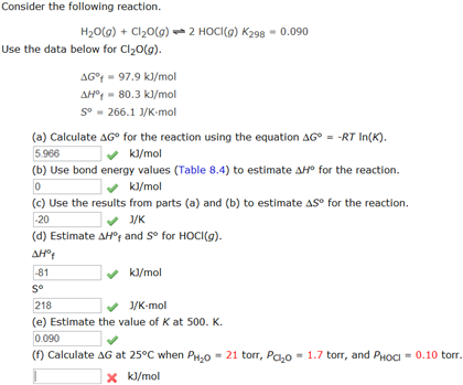 Consider the following reaction. H2O(g) + Cl2O(f) 2 | Chegg.com