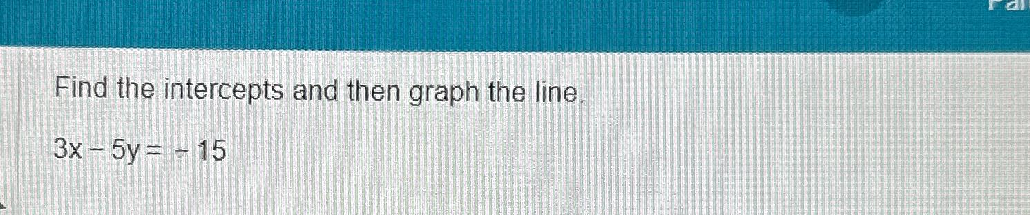 Solved Find the intercepts and then graph the line.3x-5y=-15 | Chegg.com