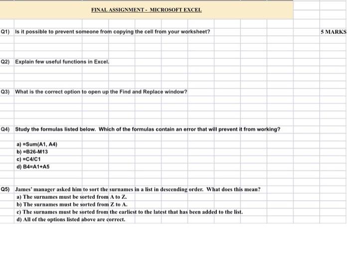 Solved FINAL ASSIGNMENT - MICROSOFT EXCEL. Q1) Is it | Chegg.com