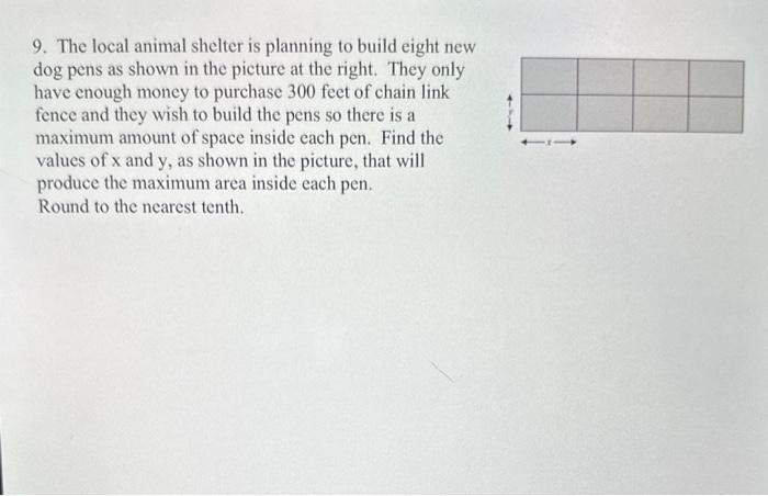 Solved 9. The local animal shelter is planning to build | Chegg.com