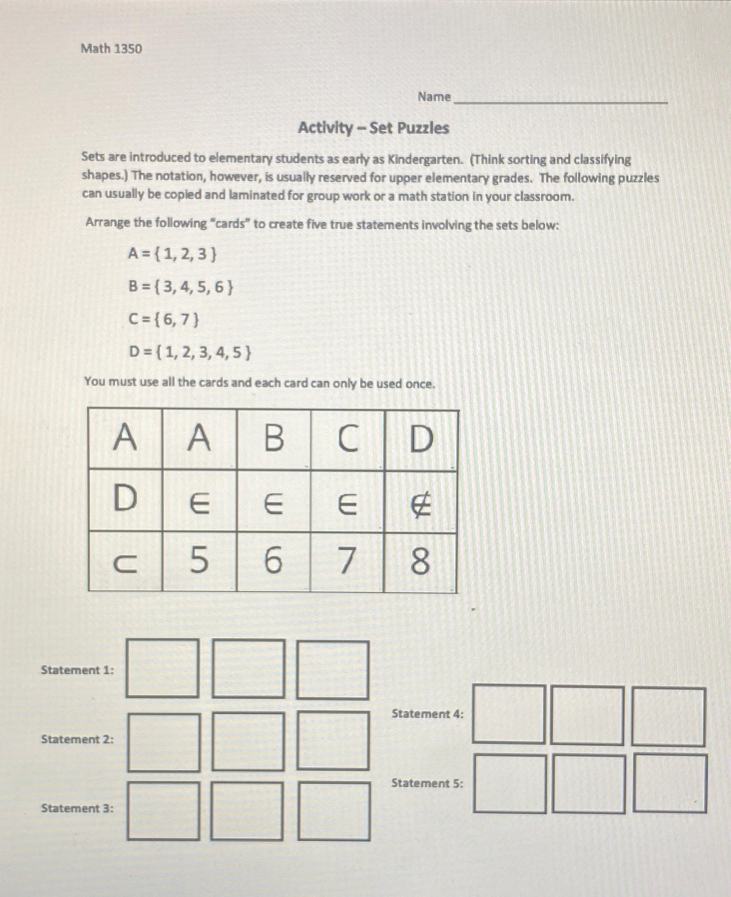Solved Math 1350NameActivity - ﻿Set PuzzlesSets are | Chegg.com