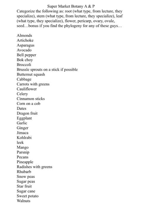 Solved Super Market Botany A&P Categorize the following as: | Chegg.com