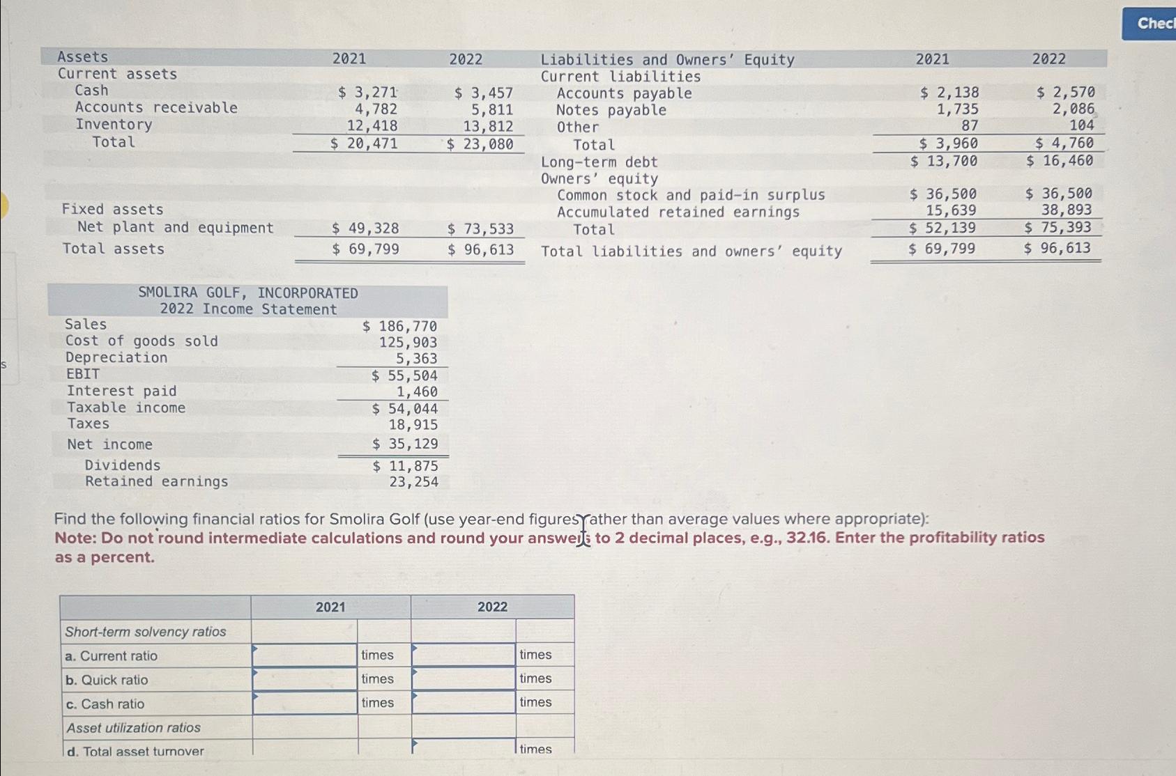 Solved \table[[Assets,2021,2022,Liabilities and Owners' | Chegg.com