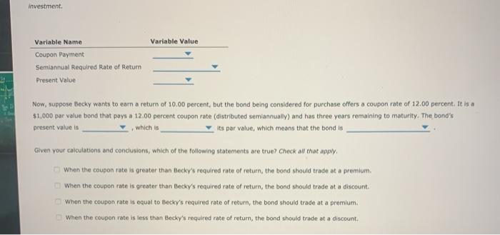 investment Variable Value Variable Name Coupon | Chegg.com