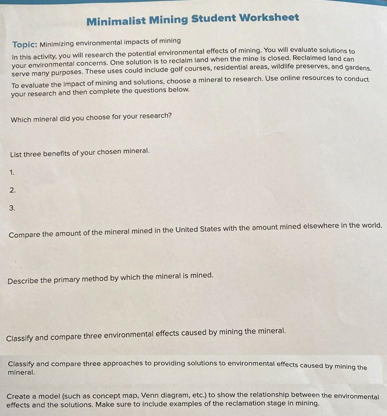 Solved Topic: Minimizing environmental impacts of mining In | Chegg.com