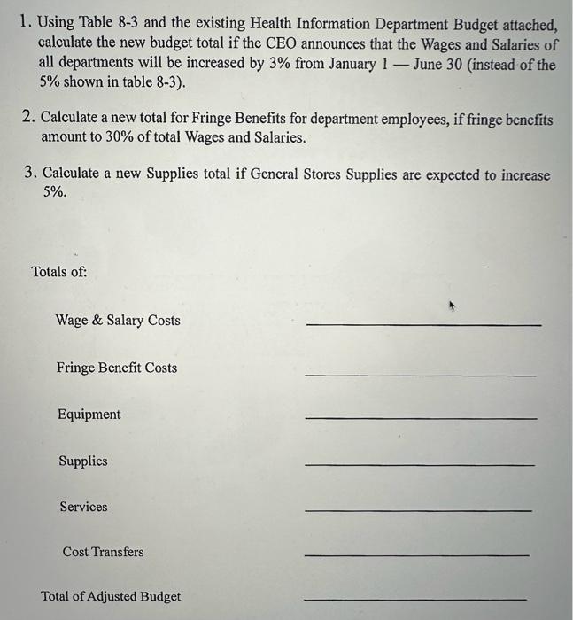 Solved 1. Using Table 8-3 and the existing Health | Chegg.com