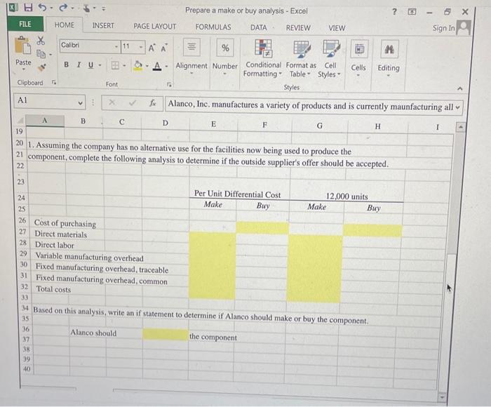 Solved Teparing a Make or Buy Analysis using Excel's SUM, IF | Chegg.com