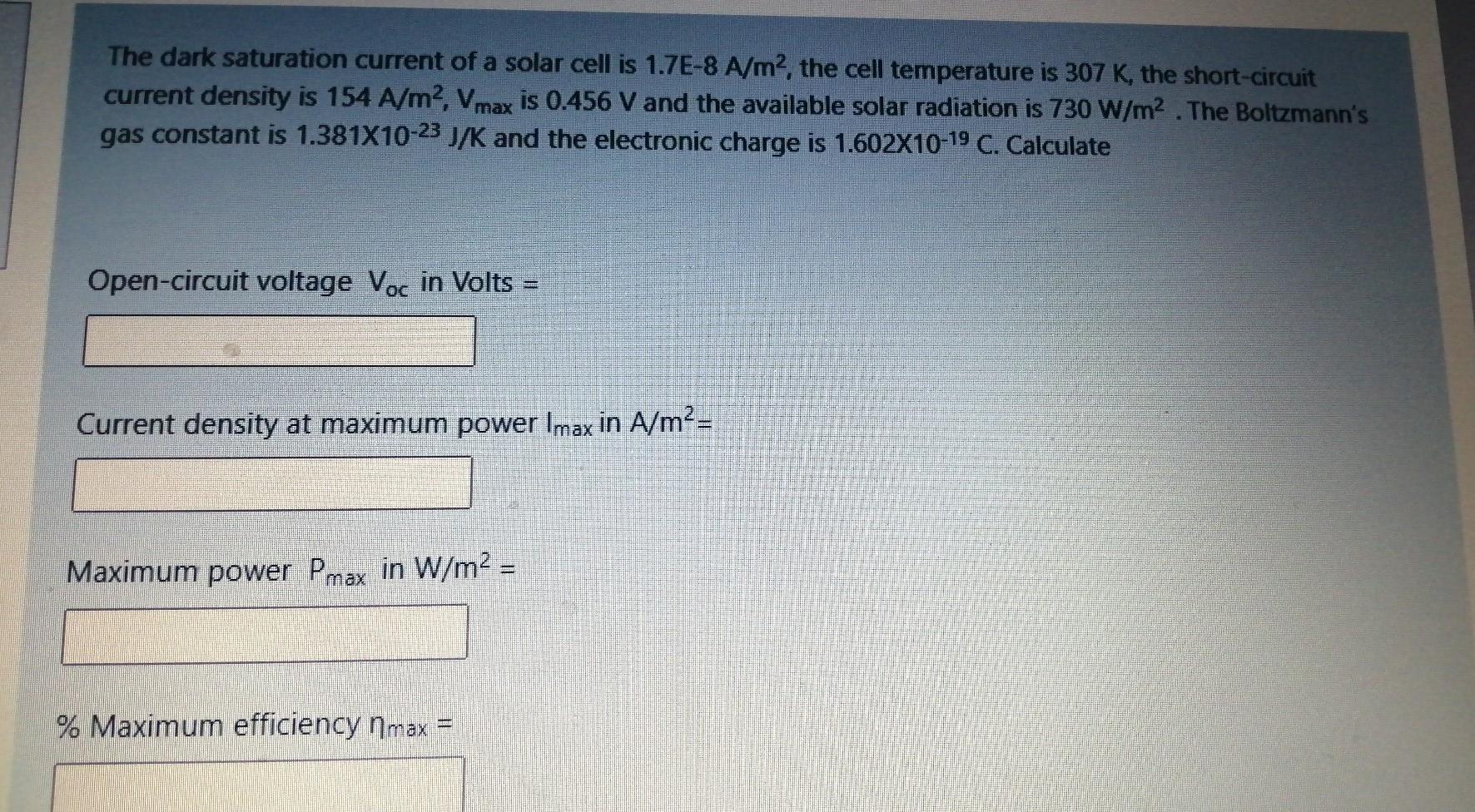 Solved The dark saturation current of a solar cell is 1.7E-8 | Chegg.com