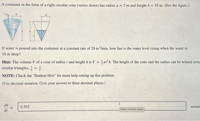 Solved A container in the form of a right circular cone | Chegg.com