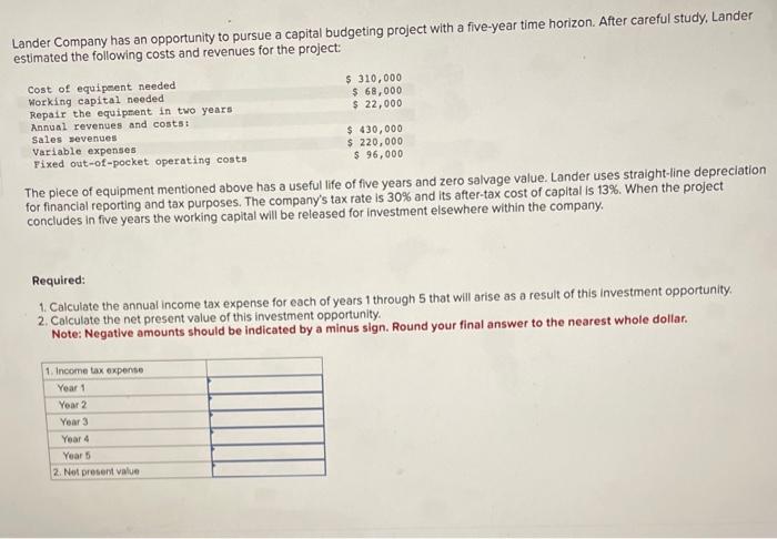 Solved Lander Company has an opportunity to pursue a capital | Chegg.com