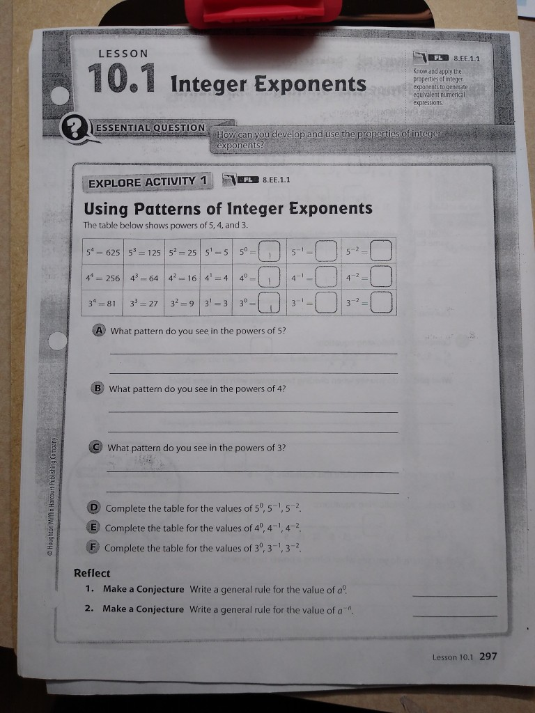 Solved LESSON 10.1 Integer Exponents FL 8.EE.1.1 Know and | Chegg.com
