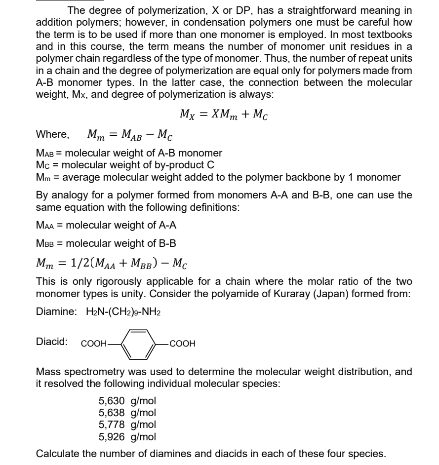 Solved The degree of polymerization, x ﻿or DP, ﻿has a | Chegg.com