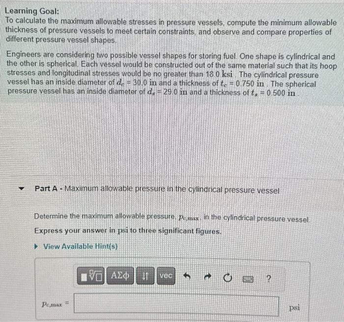 Solved Learning Goal: To calculate the maximum allowable | Chegg.com