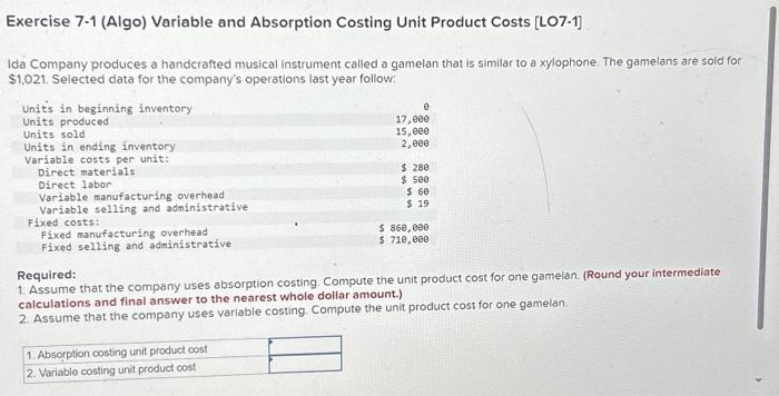 Solved Exercise 7-1 (Algo) Variable and Absorption Costing | Chegg.com