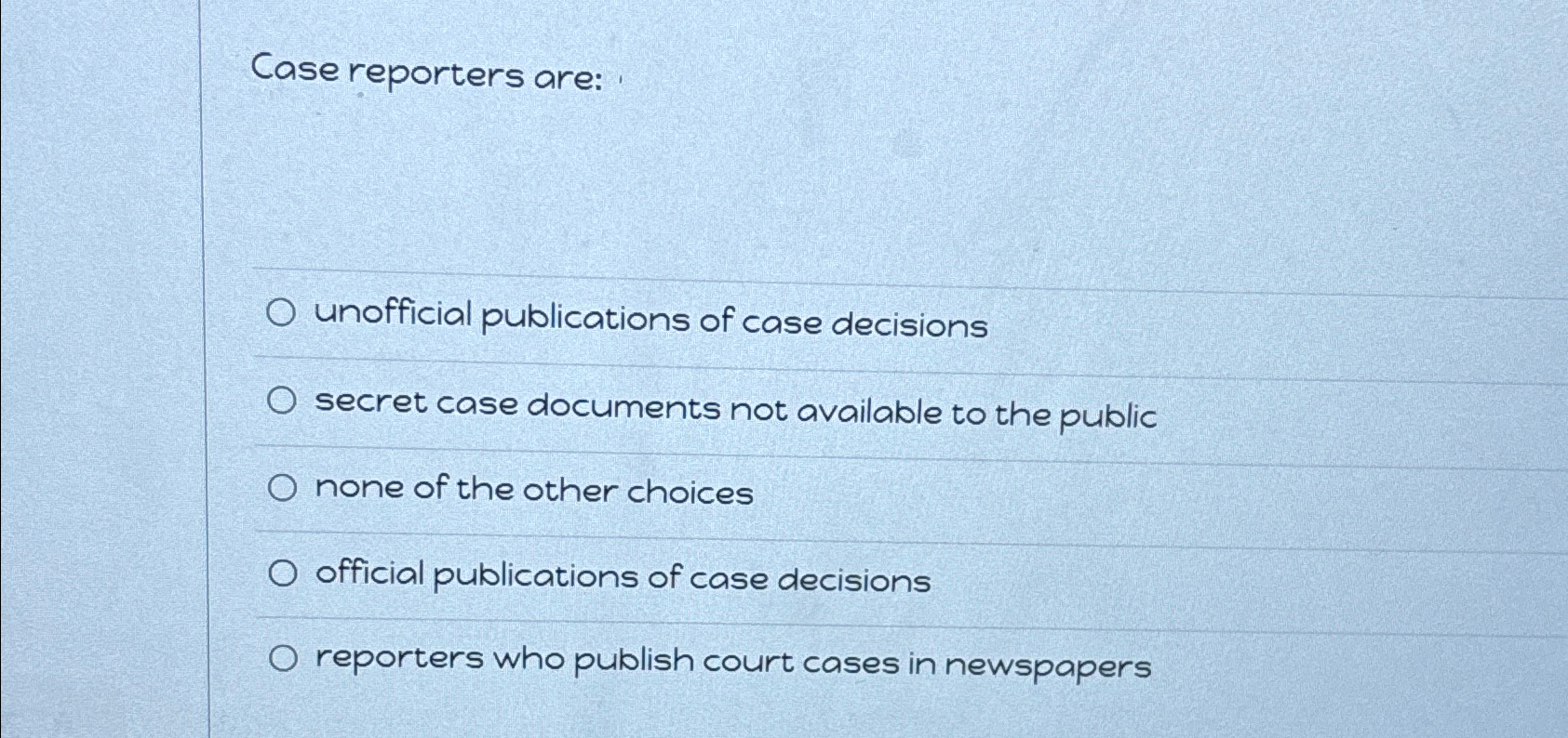 Solved Case reporters are:unofficial publications of case | Chegg.com