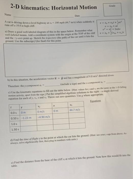 Solved 2-D kinematics: Horizontal Motion Grade Name Date A | Chegg.com