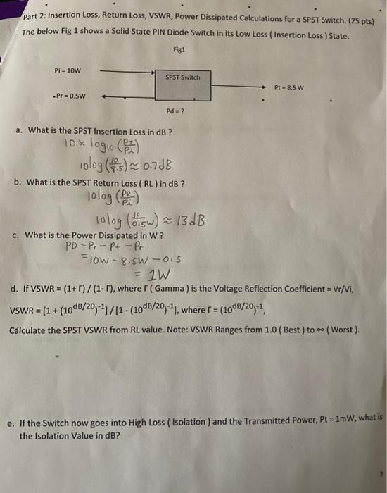 Solved part 2: Insertion Loss, Return Loss, VSWR, Power | Chegg.com