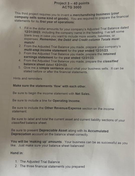 Solved Project 3−40 points ACTG 3000 This third project | Chegg.com