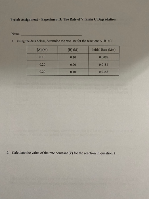 Solved Prelab Assignment - Experiment 3: The Rate of Vitamin | Chegg.com