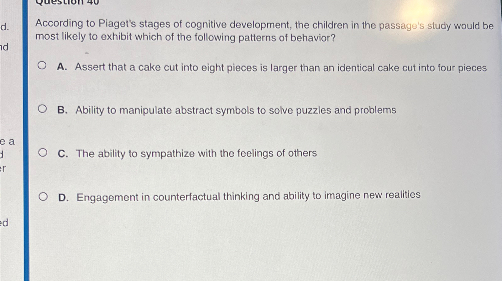 Solved According to Piaget's stages of cognitive | Chegg.com