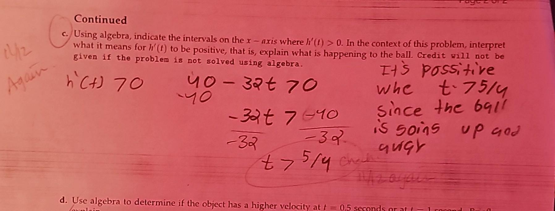 Solved Continued c. Using algebra, indicate the intervals on | Chegg.com