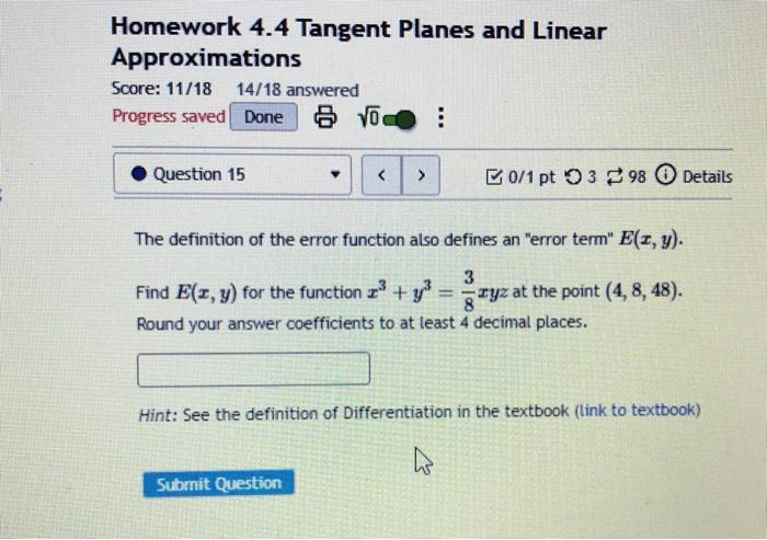 Solved Homework 4.4 Tangent Planes and Linear Approximations | Chegg.com