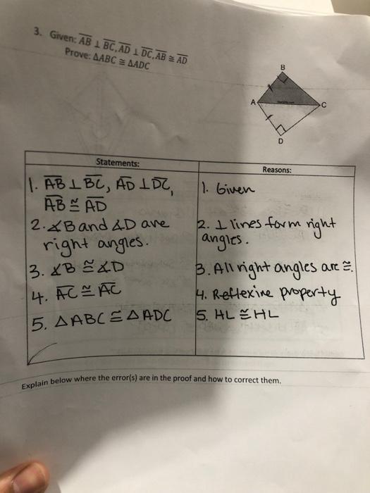 Solved 3. Given: AB⊥BC,AD⊥DC,AB≅AD Prove: ABC≅ ADC Explain | Chegg.com