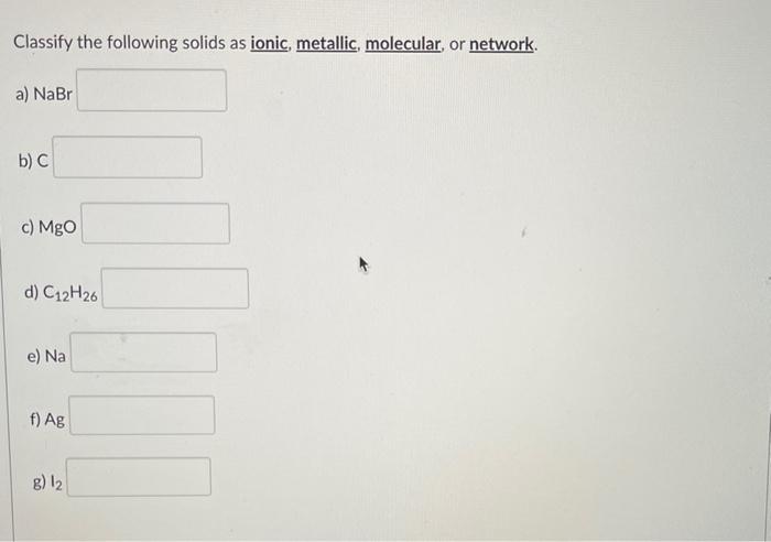 Solved Classify the following solids as ionic, metallic, | Chegg.com