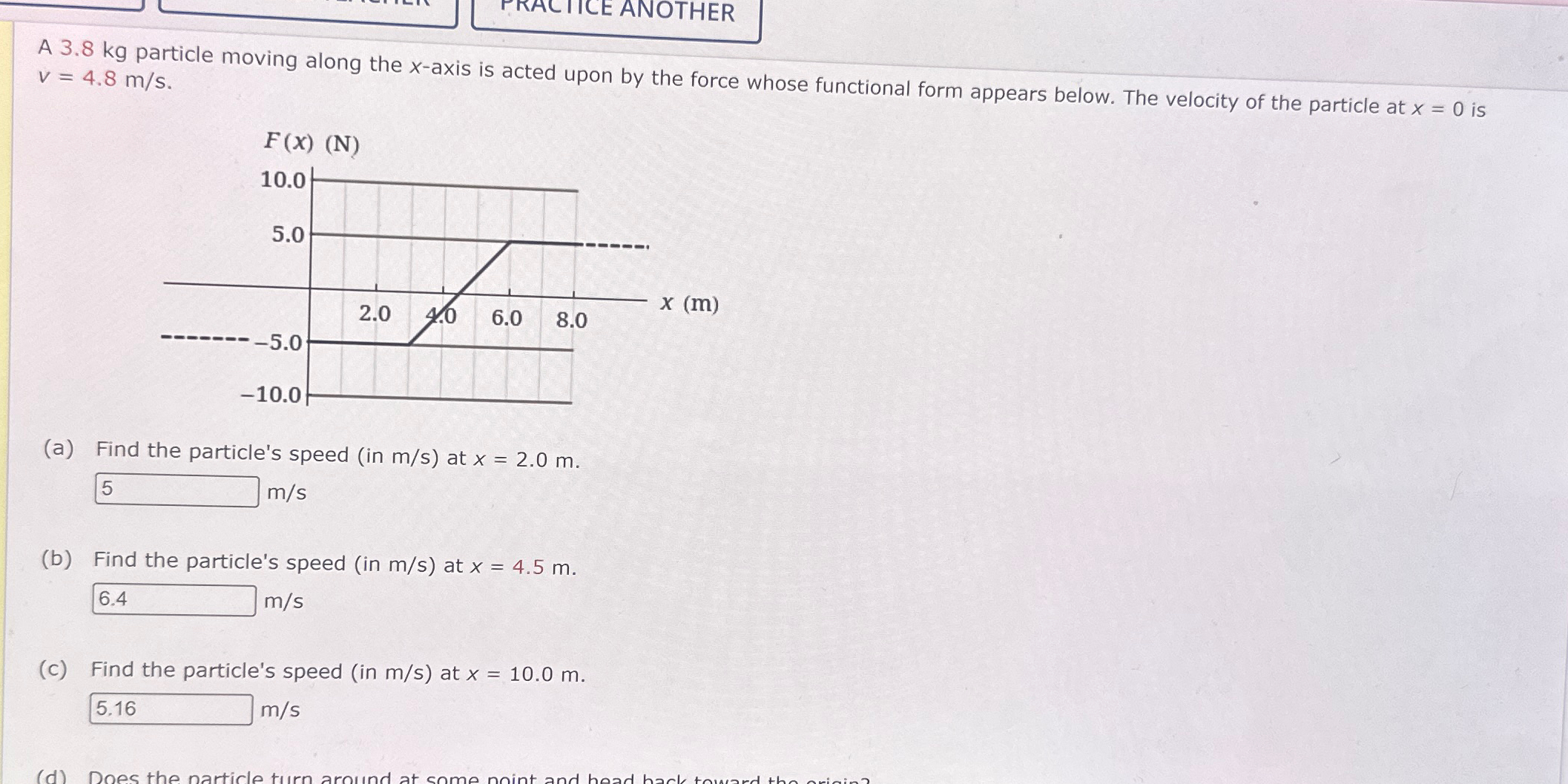 Solved A 3.8kg ﻿particle moving along the x-axis is acted | Chegg.com