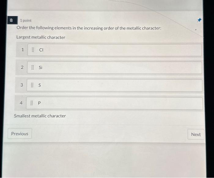 Solved 1 point Order the following elements in the | Chegg.com