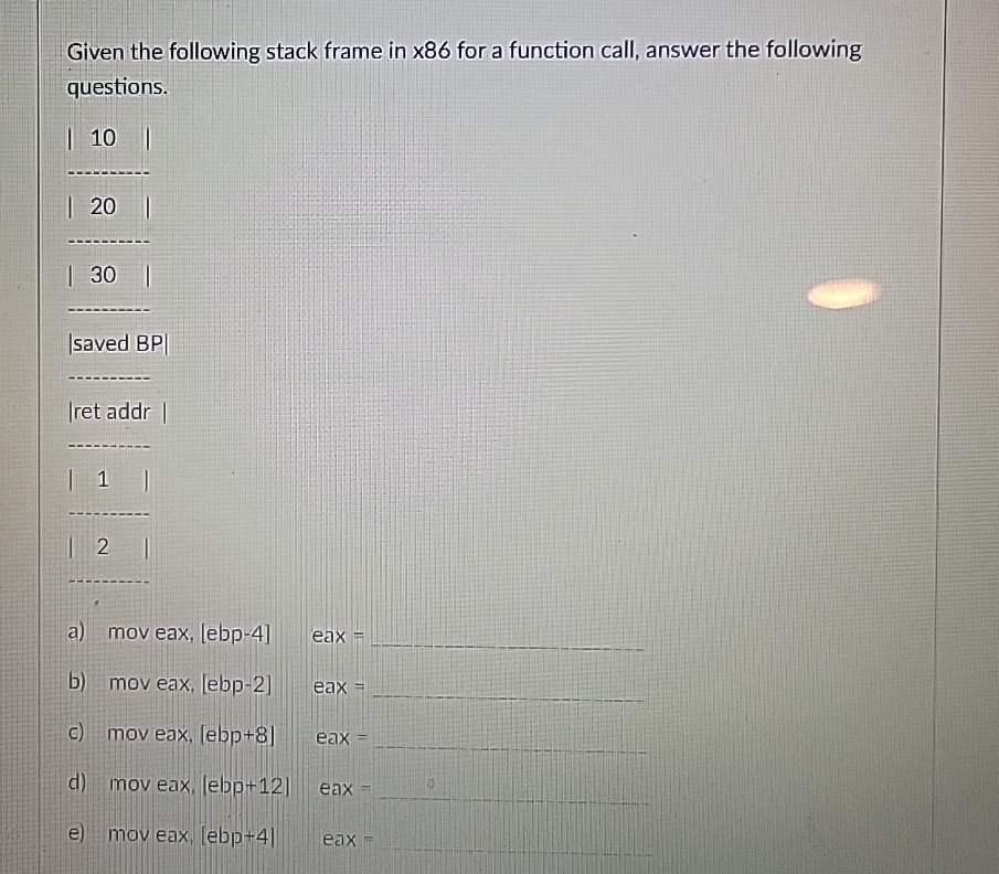 Solved Given the following stack frame in ×86 ﻿for a | Chegg.com