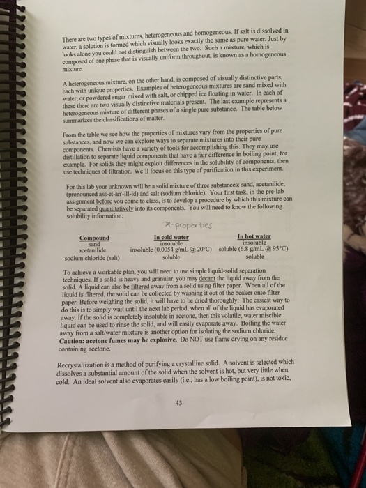 Solved report sheet & questions, separating a mixture, | Chegg.com