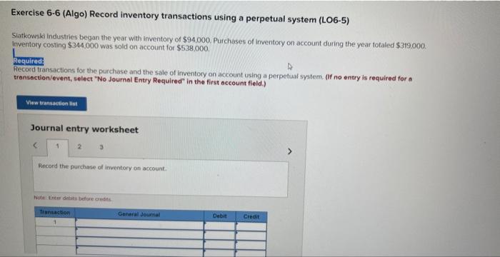 Solved Exercise 6-6 (Algo) Record inventory transactions | Chegg.com