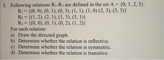 Solved 3. Following relations R1−R3 are defined in the set | Chegg.com