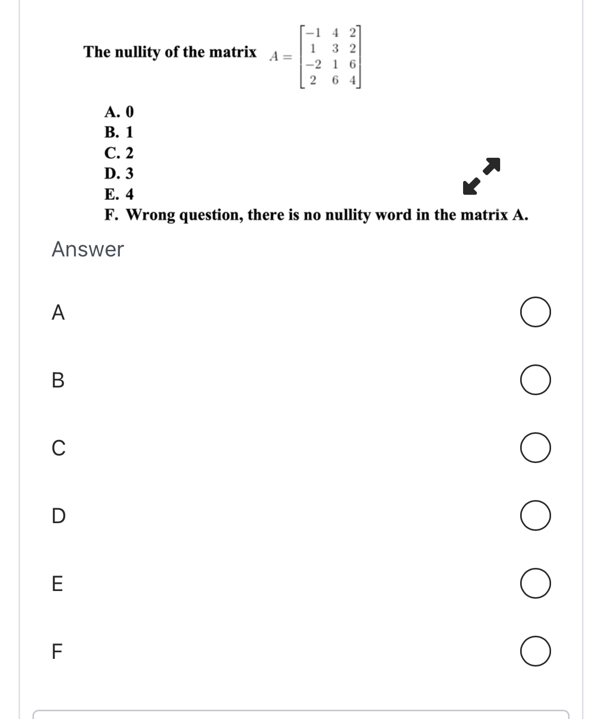Solved The nullity of the matrix | Chegg.com