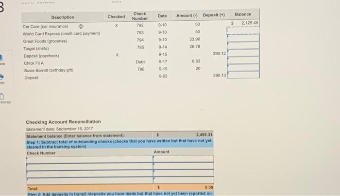 Solved Checking Account Reconciliation Statement date: | Chegg.com