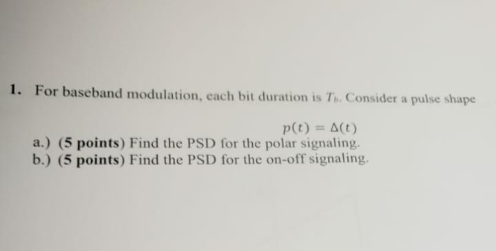 Solved 1. For baseband modulation, cach bit duration is Ts. | Chegg.com