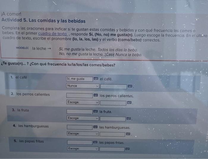 Actividad 5. Las comidas y las bebidas Completa las | Chegg.com
