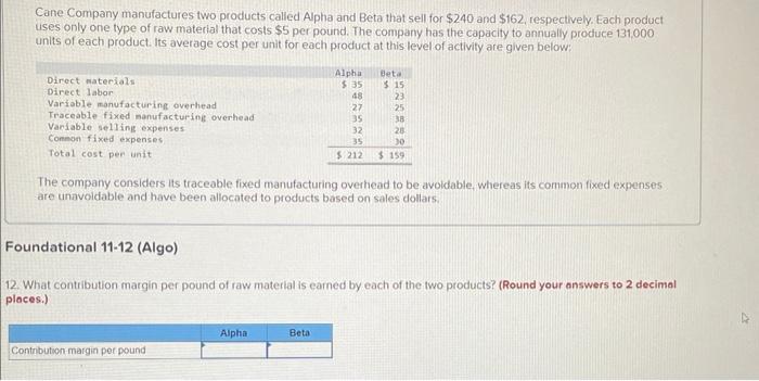 Solved Cane Company manufactures two products called Alpha | Chegg.com