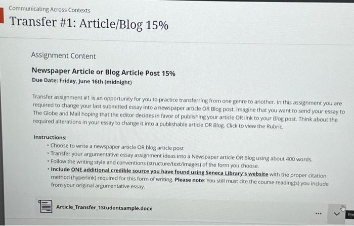 Assignment Content Newspaper Article or Blog Article | Chegg.com