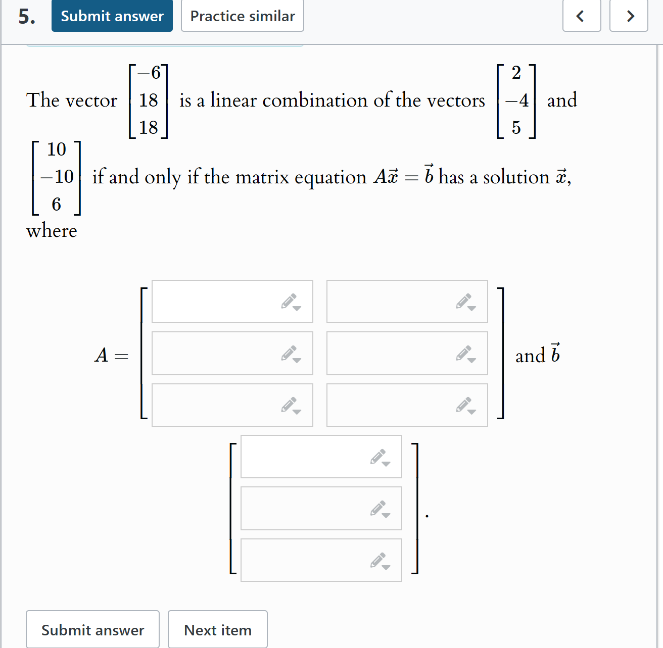 Solved The vector [[-6],[18],[18]] ﻿is a linear combination | Chegg.com