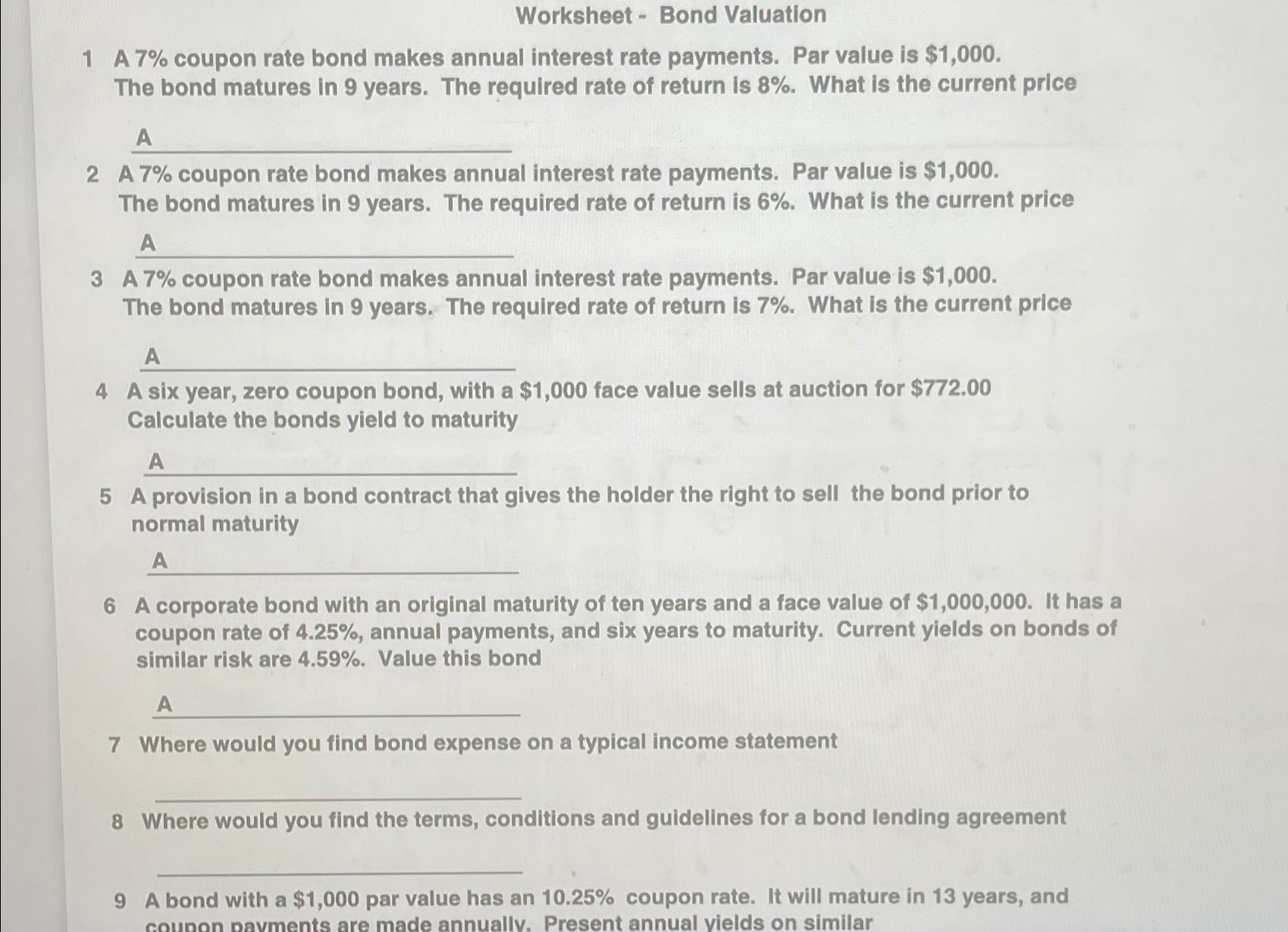 Solved REALLY NEED HELP WITH FORMULAS Worksheet - ﻿Bond | Chegg.com