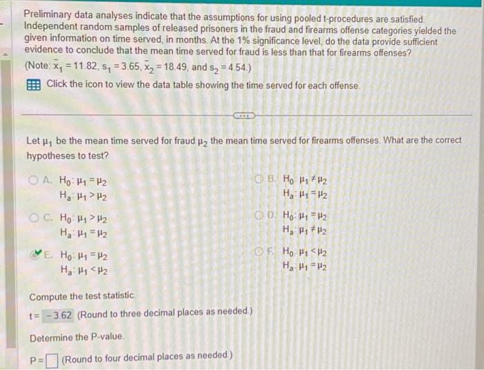 Solved Preliminary data analyses indicate that the | Chegg.com