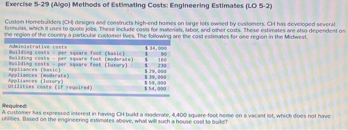Solved Exercise 5-29 (Algo) Methods of Estimating Costs: | Chegg.com