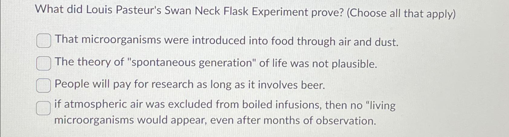Solved What did Louis Pasteur's Swan Neck Flask Experiment | Chegg.com