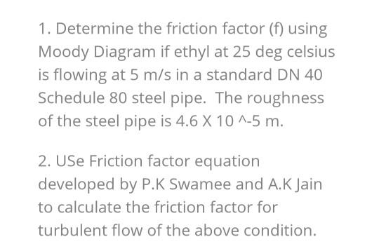 Solved 1. Determine the friction factor (f) using Moody | Chegg.com