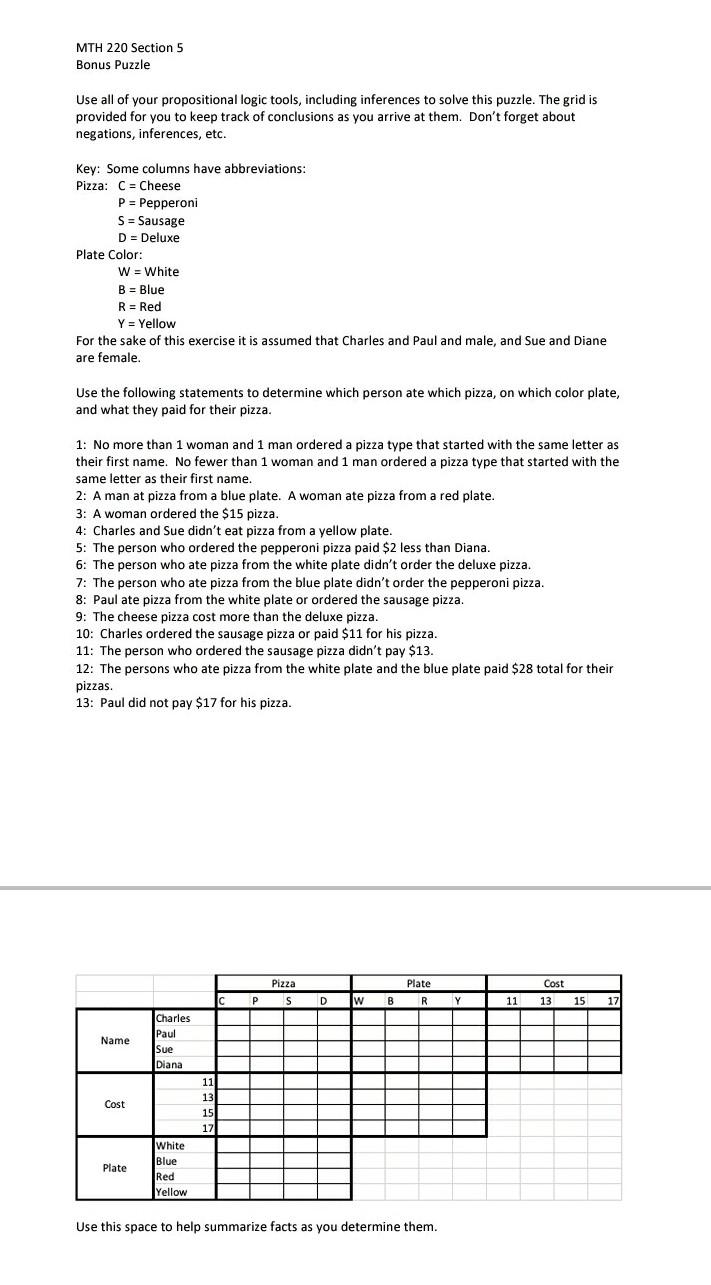 Solved MTH 220 Section 5 Bonus Puzzle Use all of your | Chegg.com