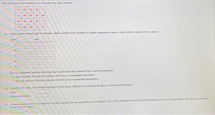 Solved The test scores of 20 students on a 100-point test | Chegg.com