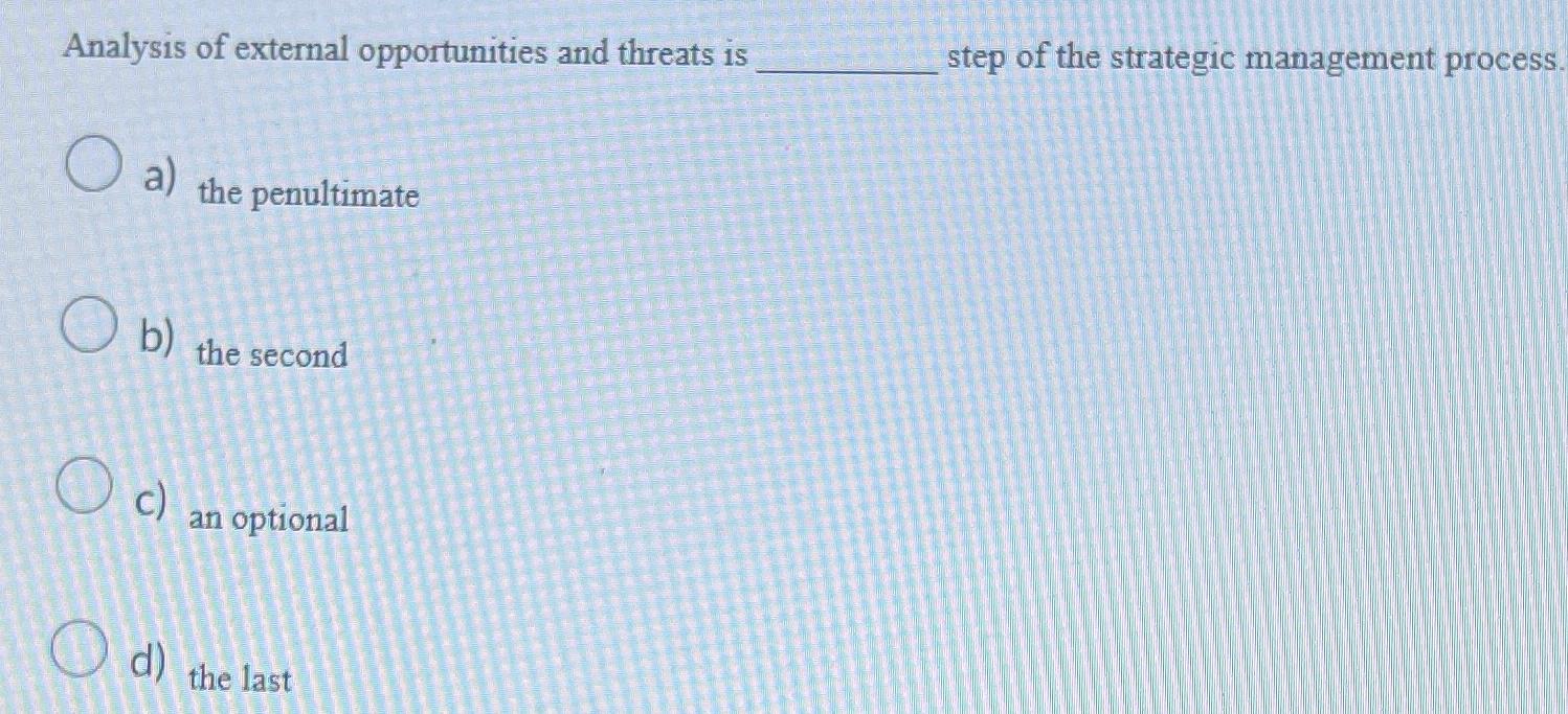 Solved Analysis of external opportunities and threats is | Chegg.com