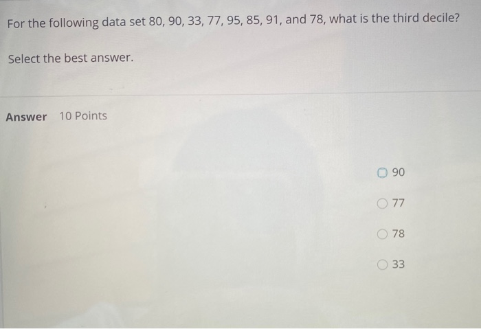 Solved For the following data set 80, 90, 33, 77, 95, 85, | Chegg.com
